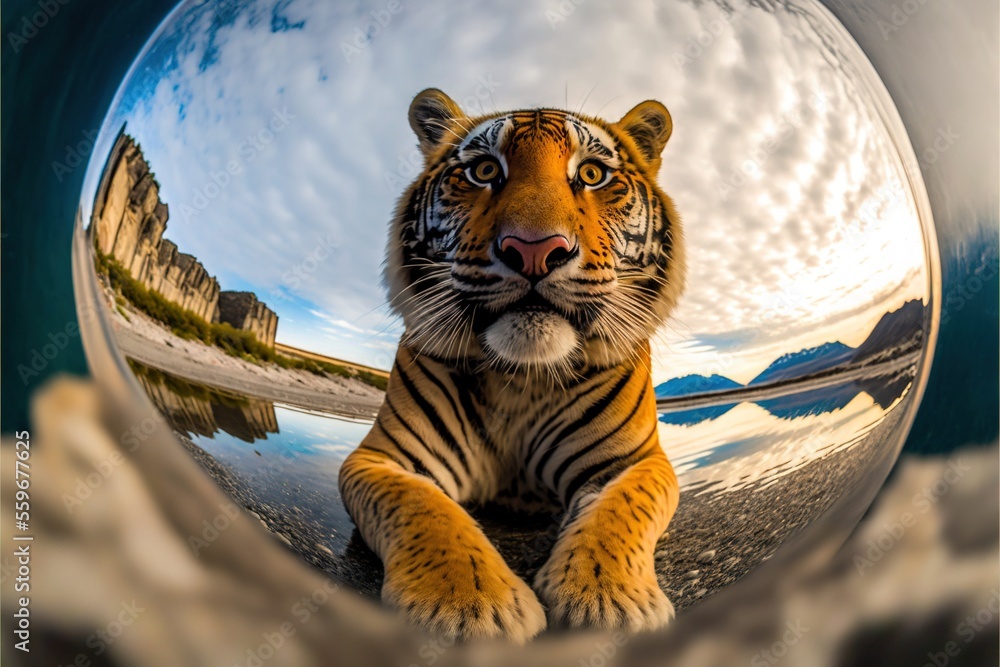 a tiger sitting in front of a mirror on a rock wall with a sky ...