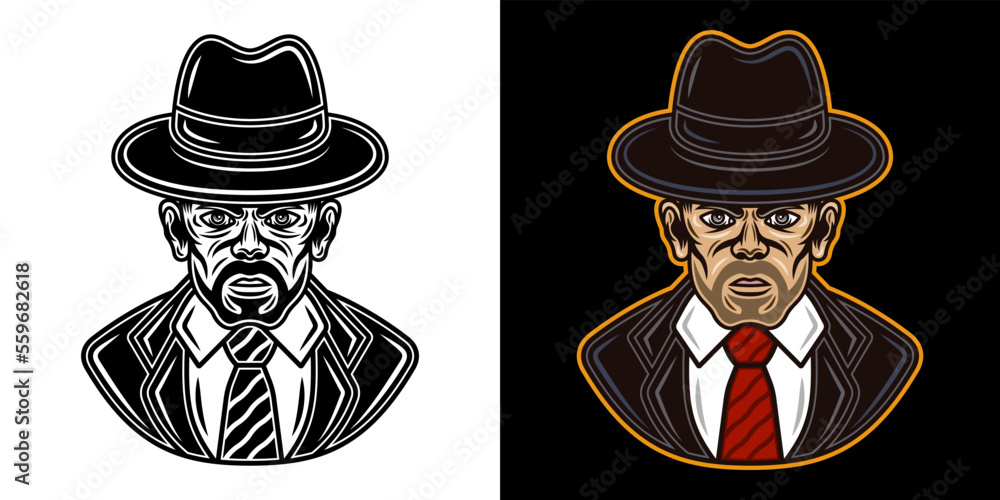 Detective man in fedora hat in suit two styles black on white and ...