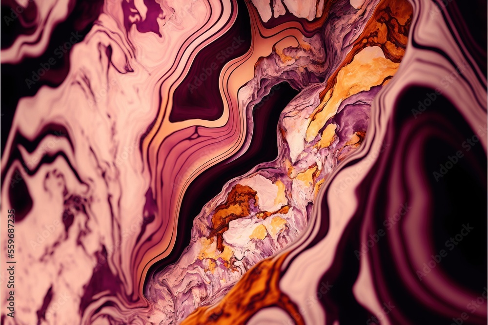 a close up of a colorful marble surface with a black and orange design ...