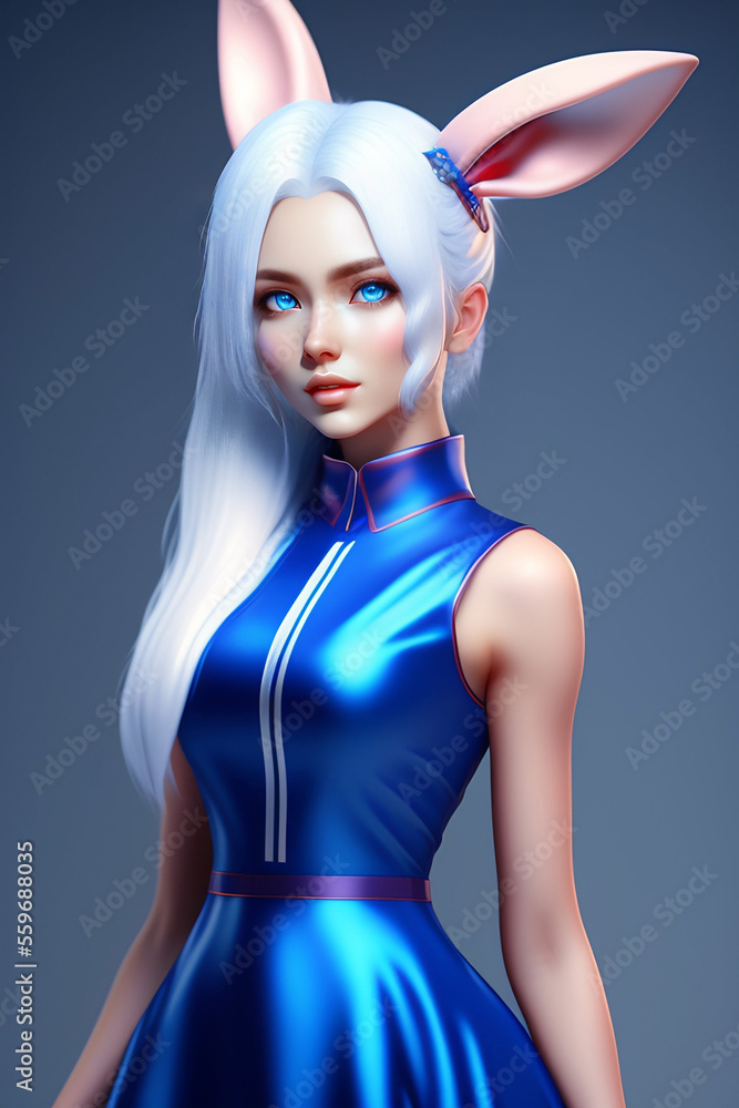 blue eyed bunny anime character with white hair, in blue dress, 3d ...