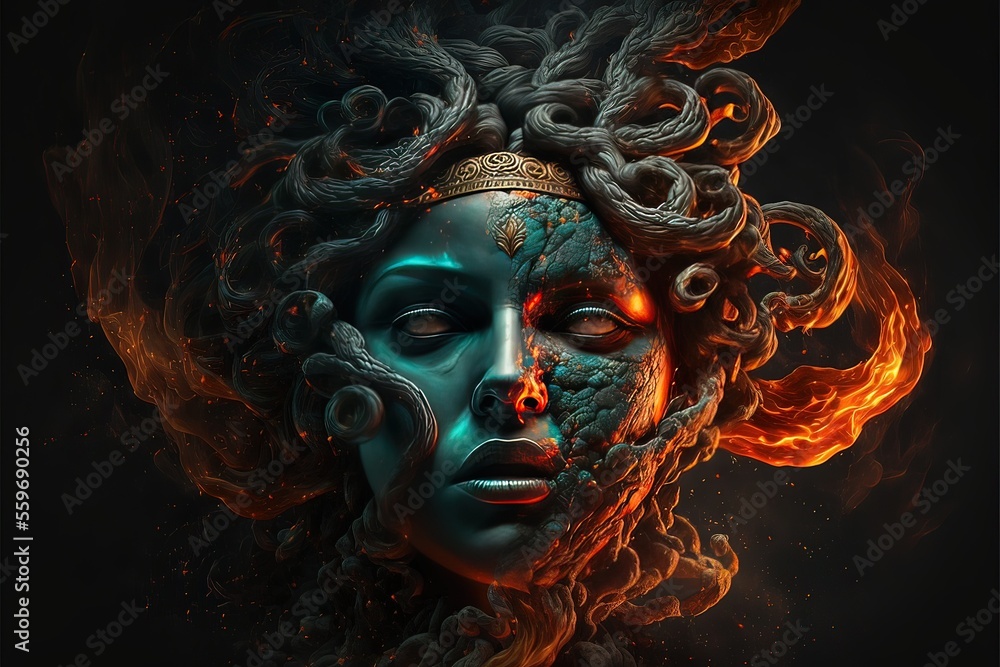 A portrait of the face of medusa flames fire smoke created with ...