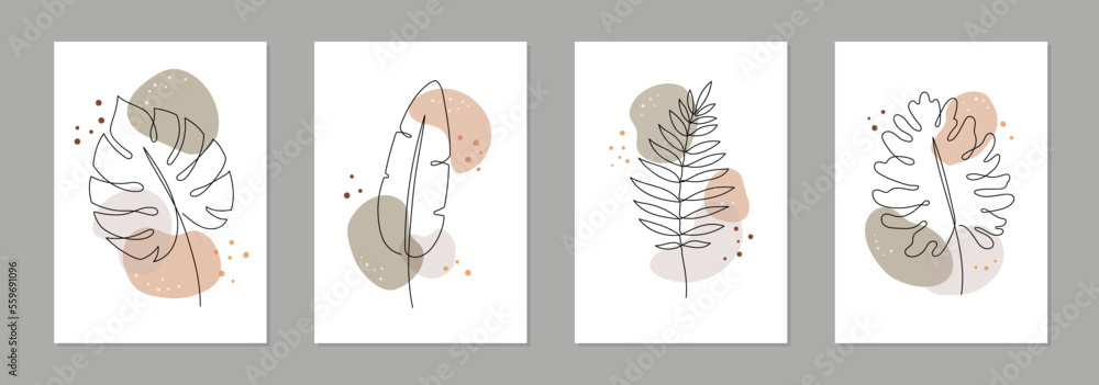 One line art tropical floral leaf poster set. Single continuous line ...