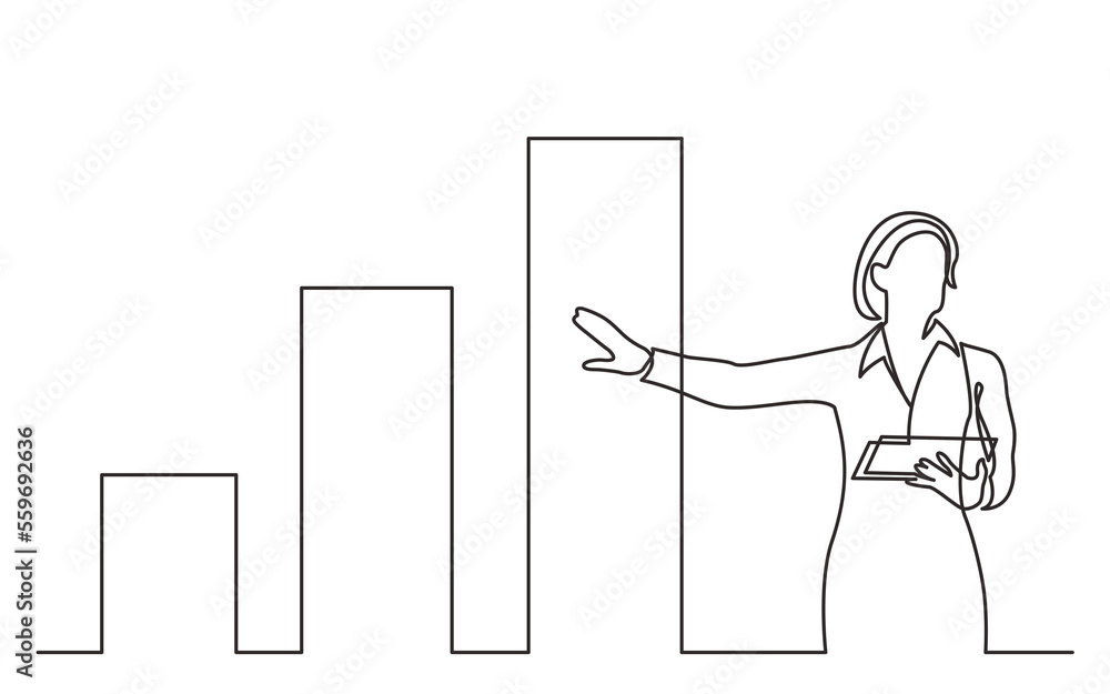 continuous line drawing business woman trainer showing increasing chart ...