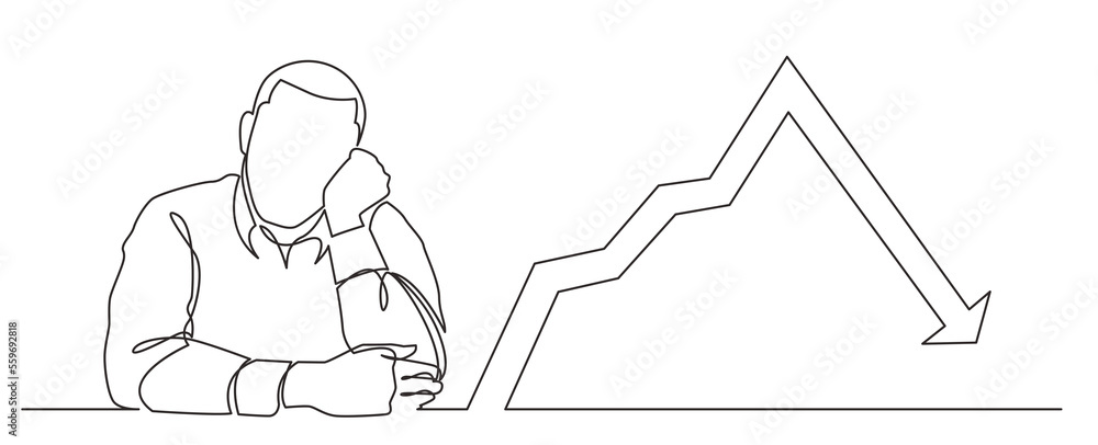 continuous line drawing depressed man with declining graph PNG image ...
