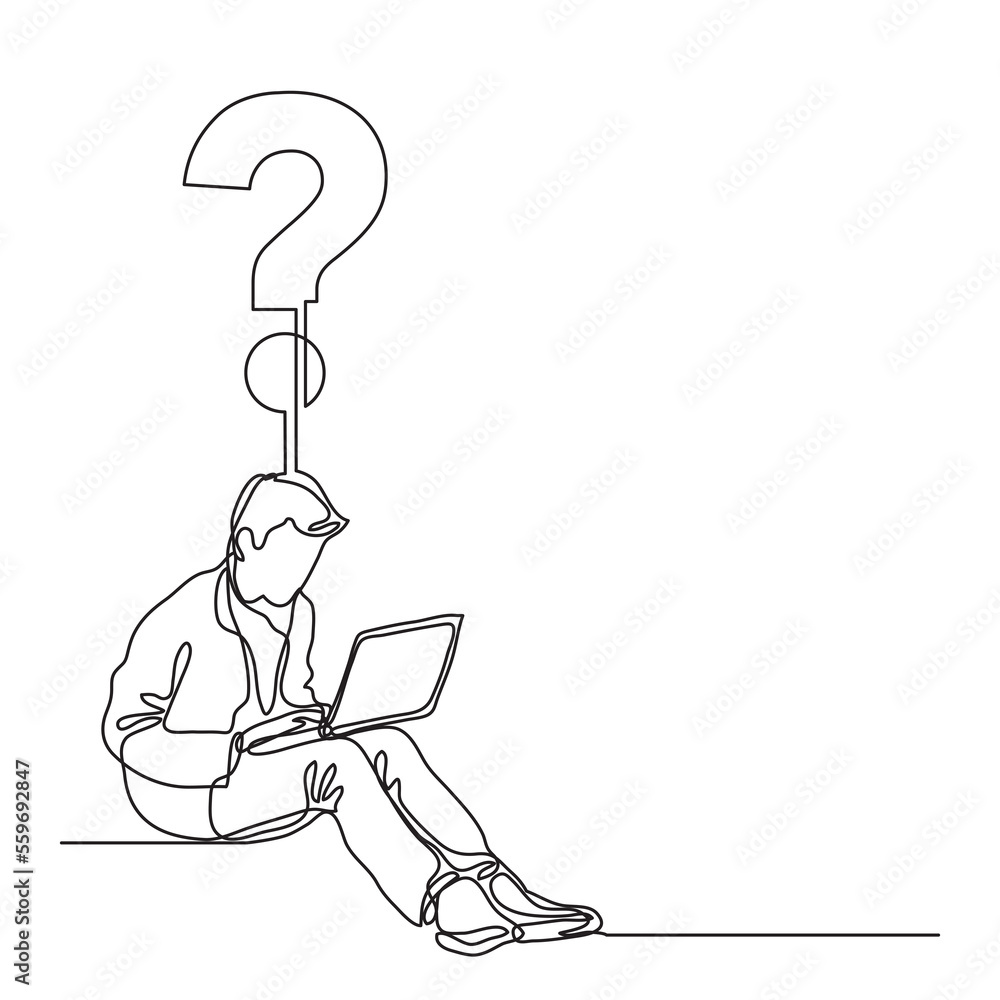 continuous line drawing guy with laptop computer with question PNG ...