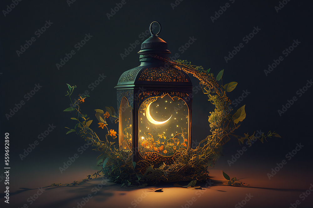 Ramadan lantern with crescent moon on night sky background Stock ...