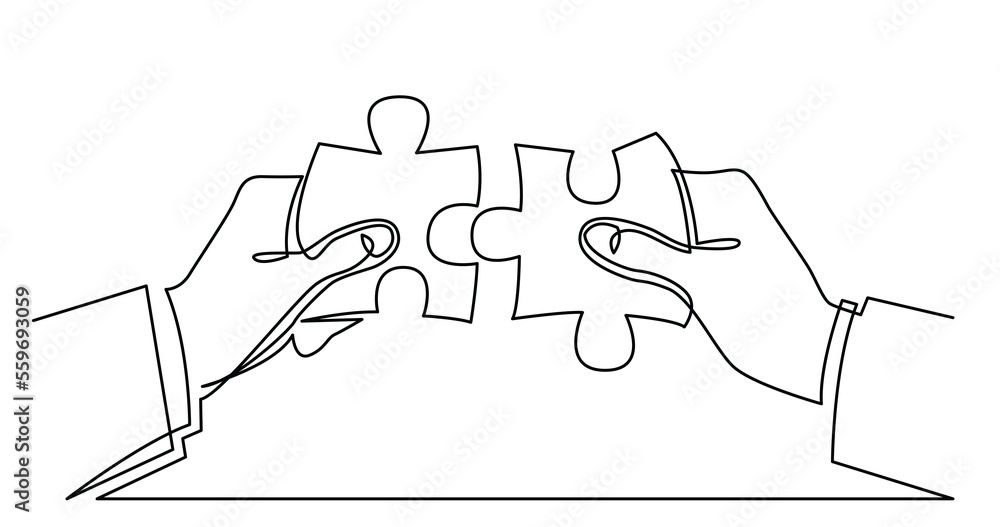 continuous line drawing of businessman hands connecting puzzle pieces ...