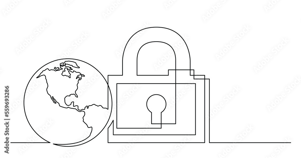 continuous line drawing of world planet with security lock PNG image ...