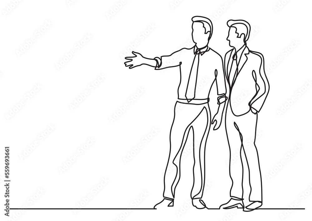 continuous line drawing two businessmen discussing PNG image with ...