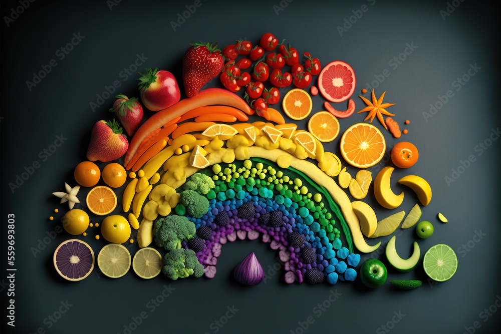 a rainbow made of fruits and vegetables on a dark background with a ...