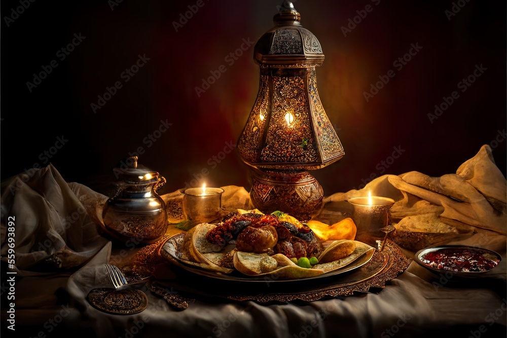 Celebration of ramadan with a wonderful table full of meals and drinks ...