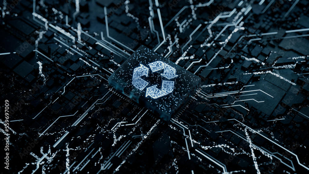 Eco Technology Concept with recycle symbol on a Microchip. Data flows ...