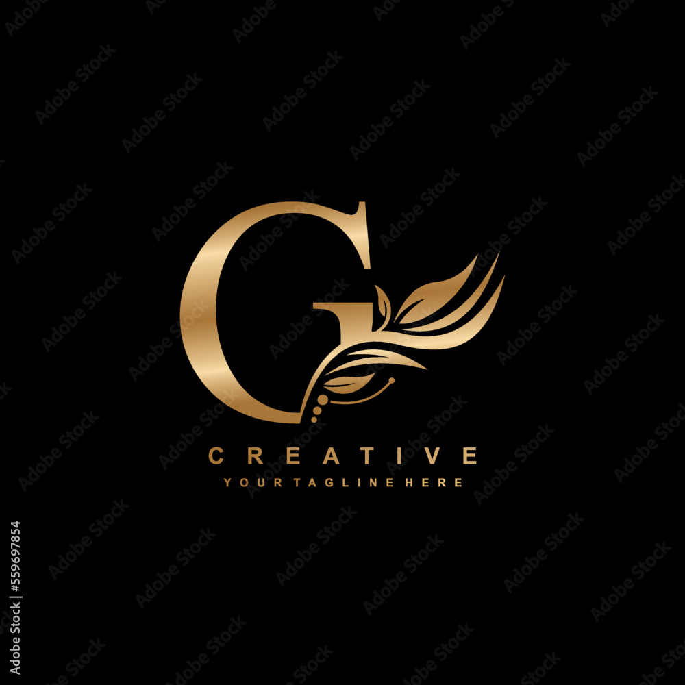 gold letter G logo design with luxurious and beautiful leaf ornament. G Monogram. G typography ...