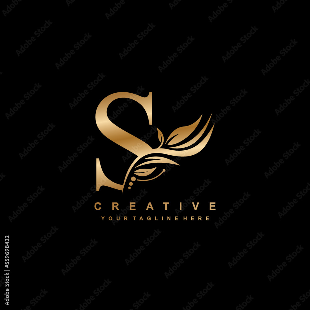 gold letter S logo design with luxurious and beautiful leaf ornament. S ...