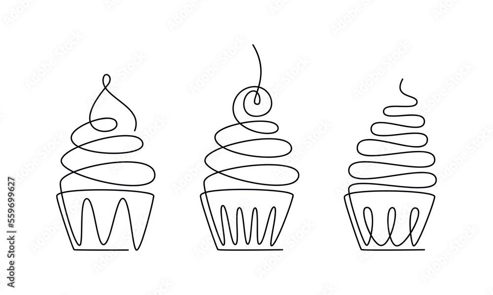 Vector desserts set. Muffin cupcake cake one line continuous drawing ...