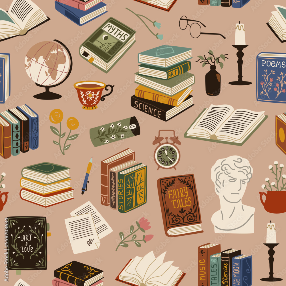 Books seamless pattern. Vintage cozy elements, printed publications ...