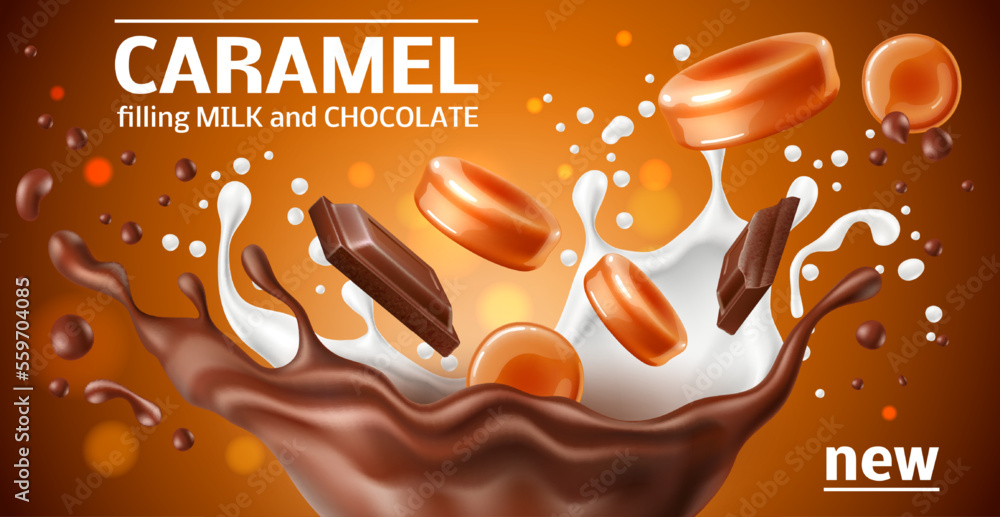 Realistic caramel poster. 3d round candies and cubes, sweet chocolate ...