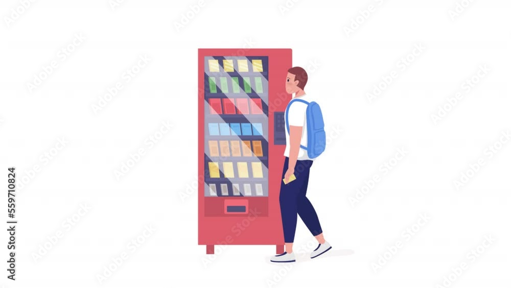Animated boy near vending machine. Buying energy drink. Full body flat ...