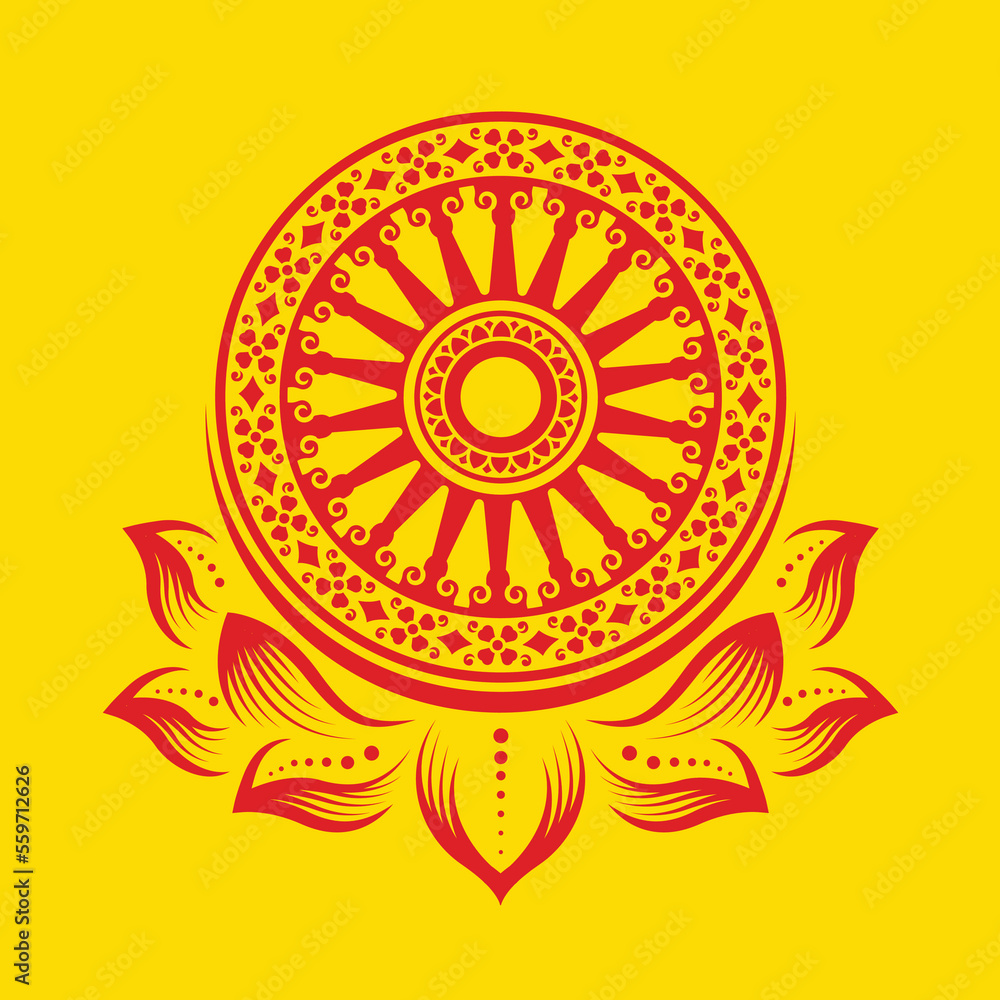 Red dharmachakra wheel of dhamma on lotus petals sign on yellow ...