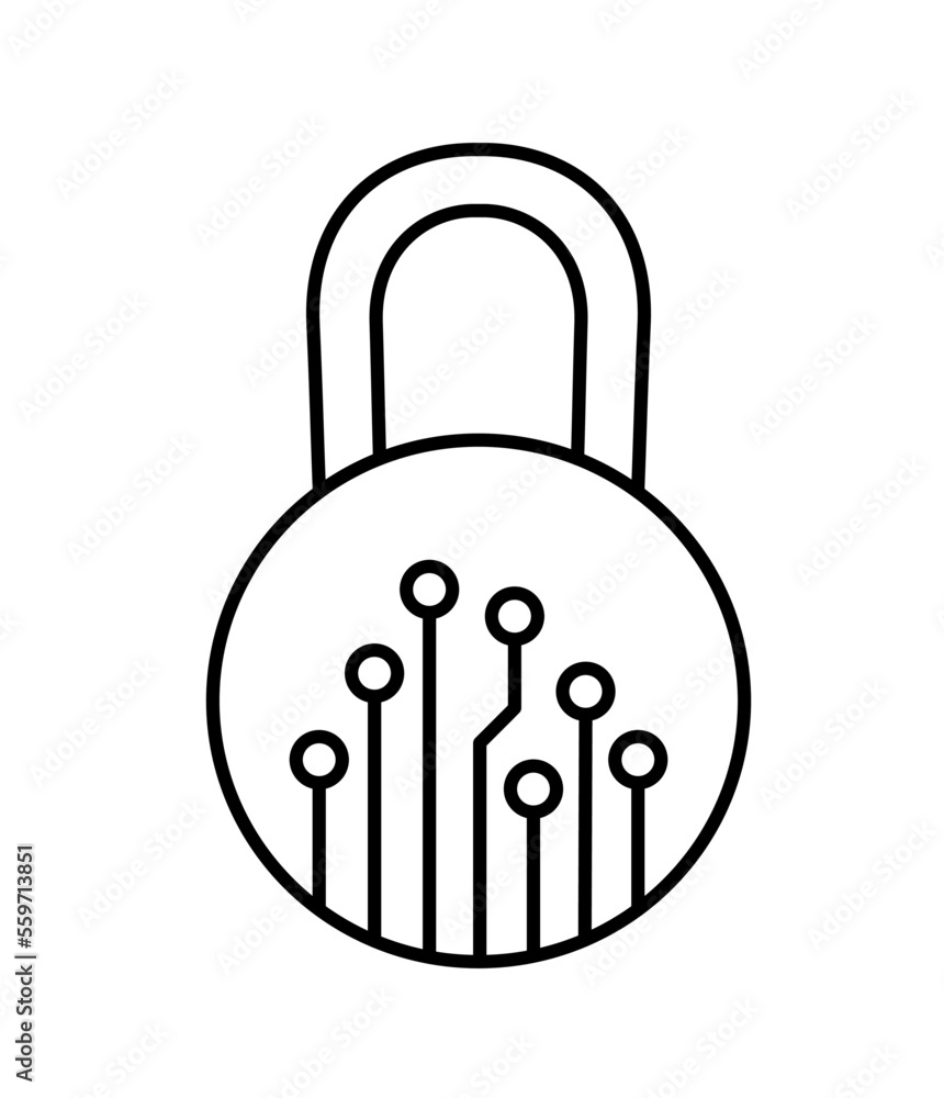 Digital Lock Symbol Cyber Security Network Electronic Key Vector Line Editable Outline