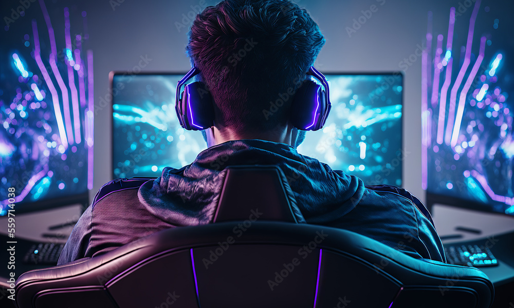 Gamer playing video games in a futuristic interior. Back view of a man ...