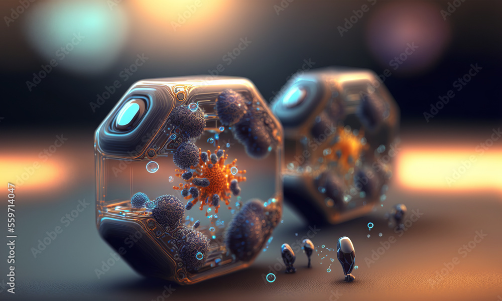 Microscopik view of a nanorobot healing cells. Futuristic concept of ...