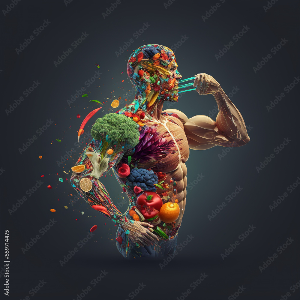 Human made of and surrounded by healthy food, fruits and vegetables ...