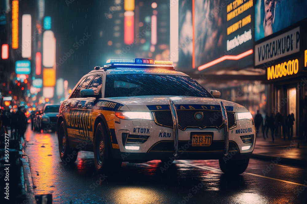 Police car with their lights on in a modern street. Generated by AI ...