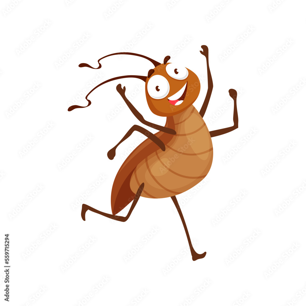 Cartoon cockroach character, happy joyful bug run with raised arms and ...