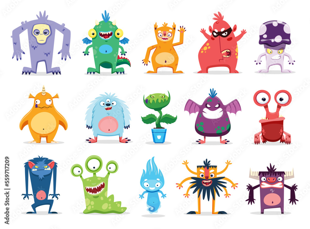 Vetor de Cartoon monster characters, funny alien creatures and kids ...