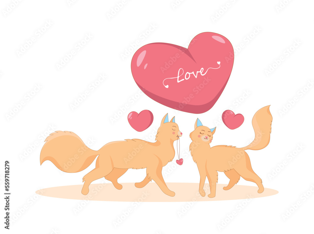 Vector graphics illustration of cute cats and a big heart cat gives a ...