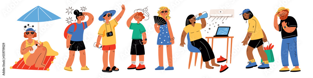 People suffer from heat. Global warming. Weather hot temperature ...