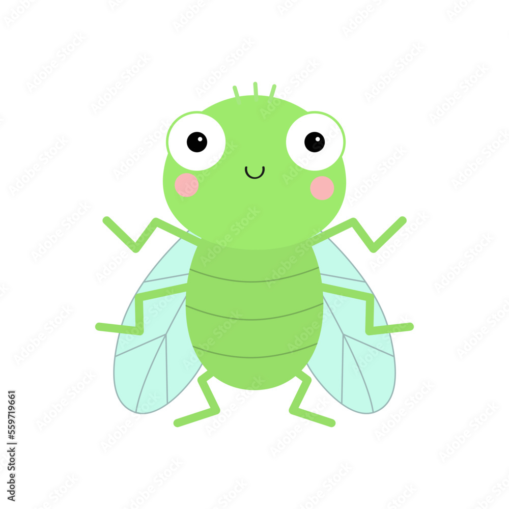 Fly insect icon. Green housefly flying standing bug. Baby kids ...