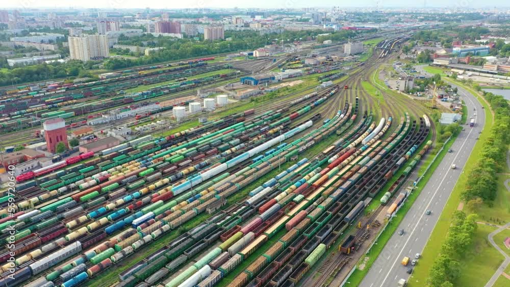 Panoramic aerial view of a large sorting marshalling yard railway ...