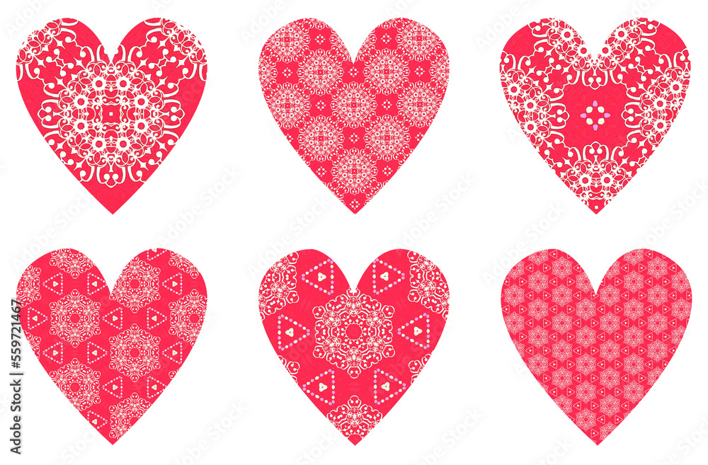 Valentine's Day assortment of red hearts decorated with white lace ...