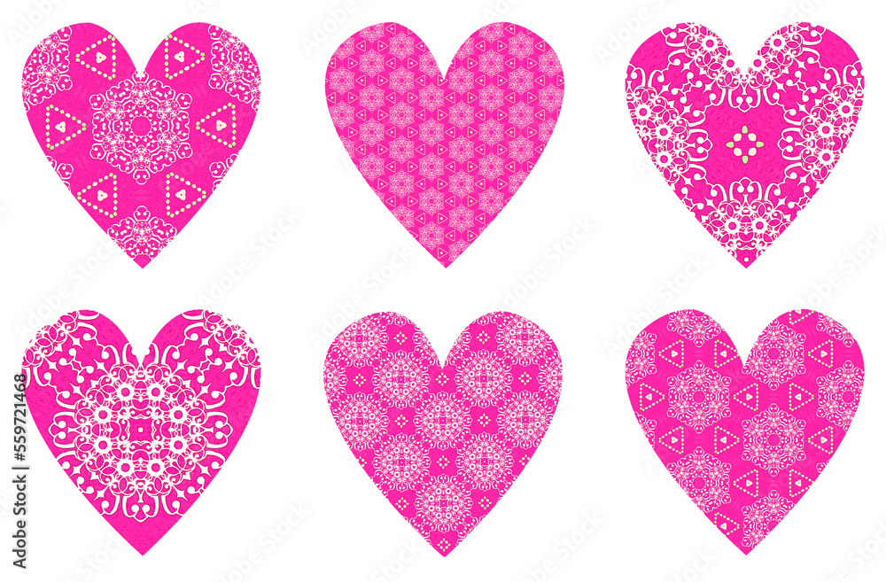 Valentine's Day set. An assortment of pink hearts decorated with white ...