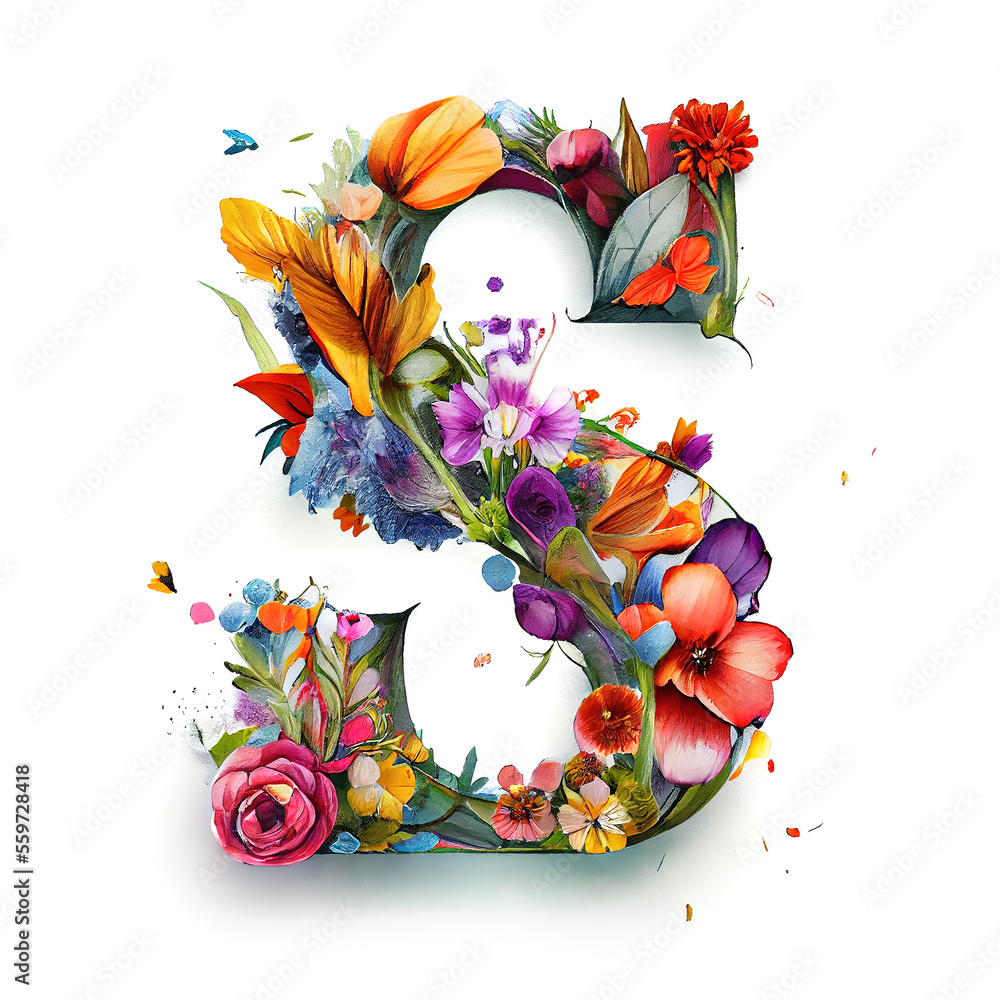 Colorful alphabet capital letter S made with flowers. Ink painting ...