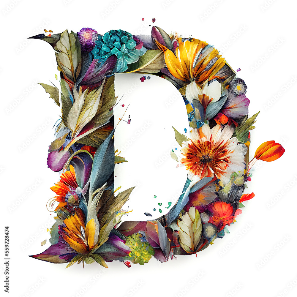 Colorful alphabet capital letter D made with flowers. Ink painting ...