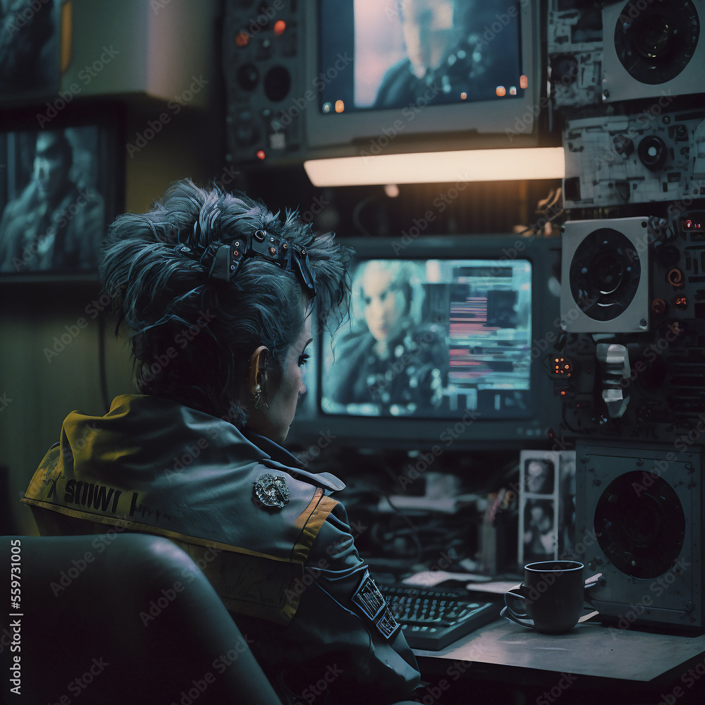 Hacker girl sitting inside her cyberpunk office. Futuristic scene, dark ...