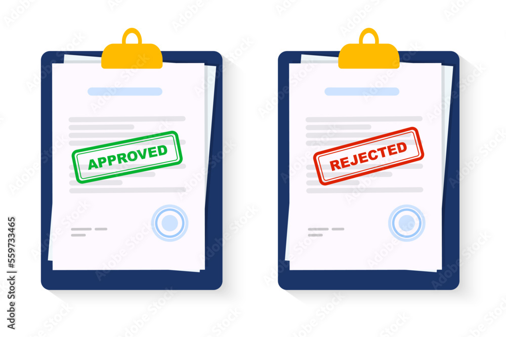 Approved and rejected document. Clipboard with document, red rejected ...