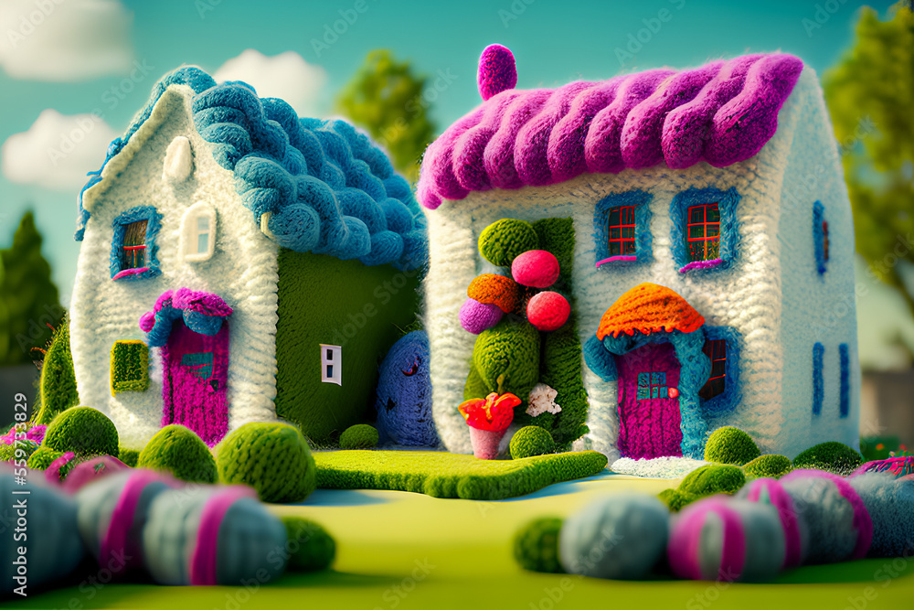 generative AI. cute colorful miniature house design made of wool ...