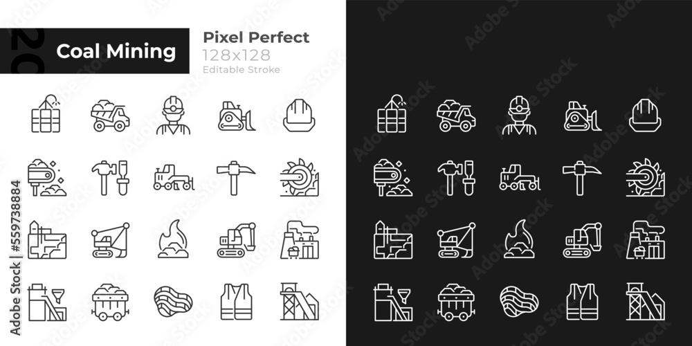 Coal mining pixel perfect linear icons set for dark, light mode ...
