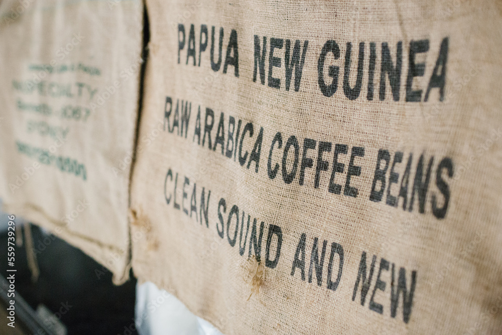 burlap fabric cloth with signage used to sell coffee beans Stock Photo ...