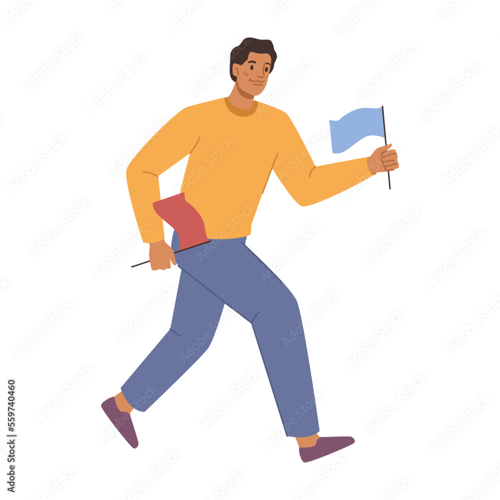 Leader of company running with flags, isolated man personage setting ...