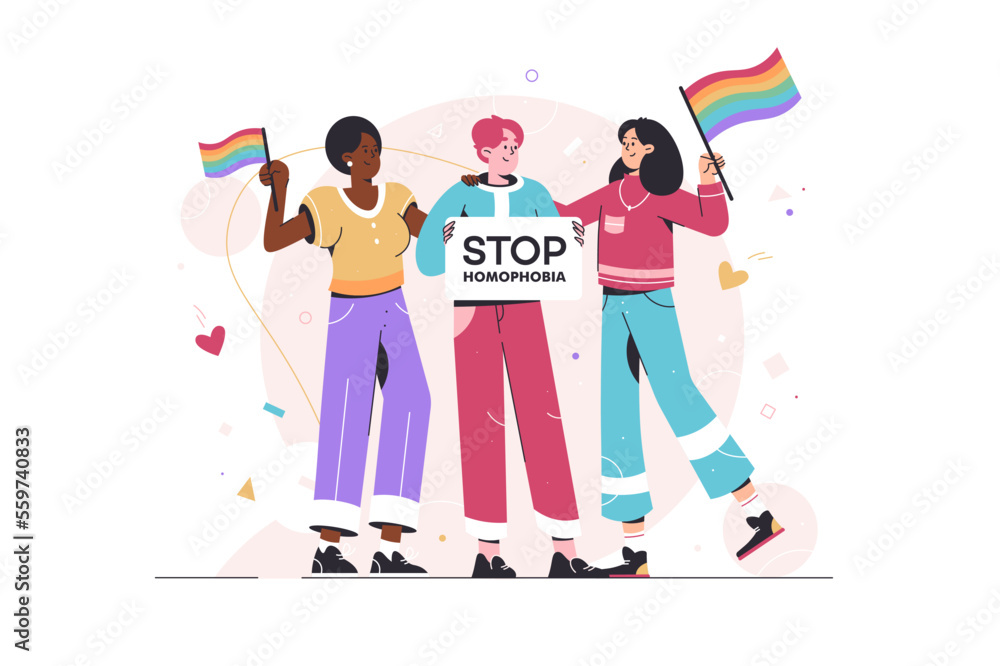 Vetor de Stop homophobia concept. Group of LGBT activists in parade ...