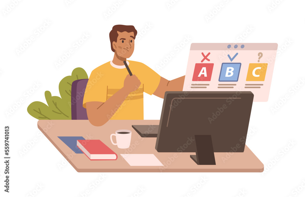 Online test or examination of knowledge. Isolated man thinking on ...