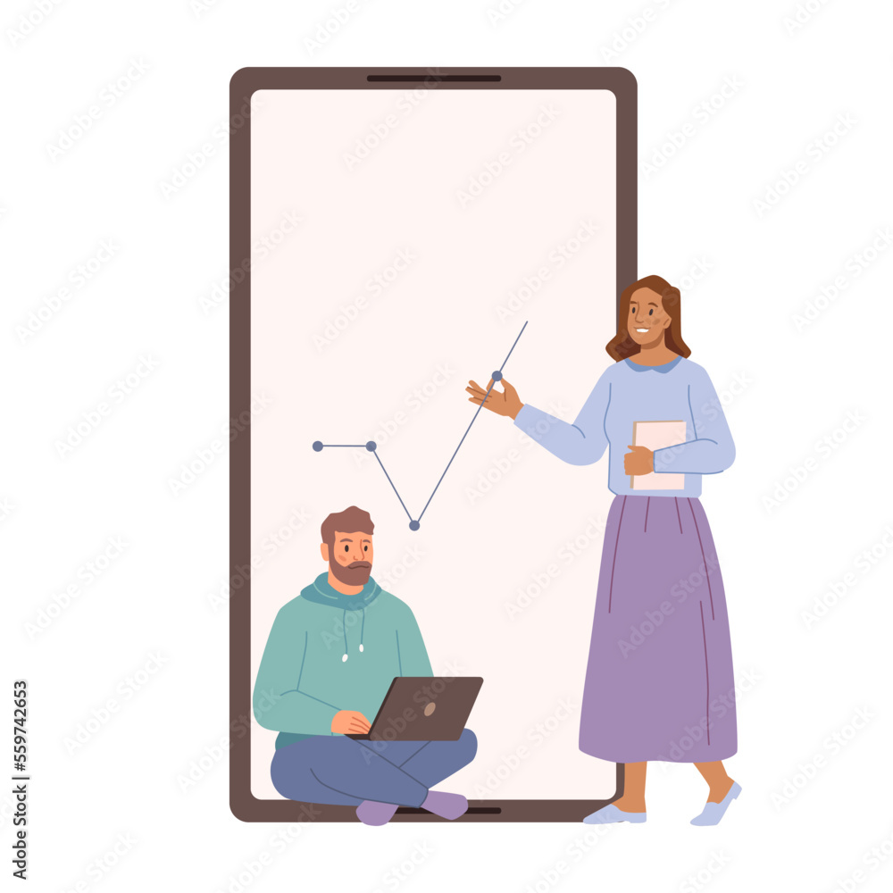 Woman showing display of smartphone screen of data charts, man working ...