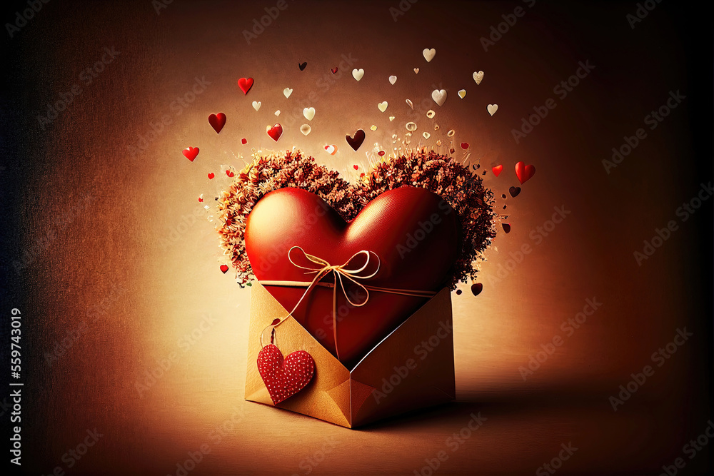 Big red love heart wrapped with bow in envelope as Valentines Day gift ...