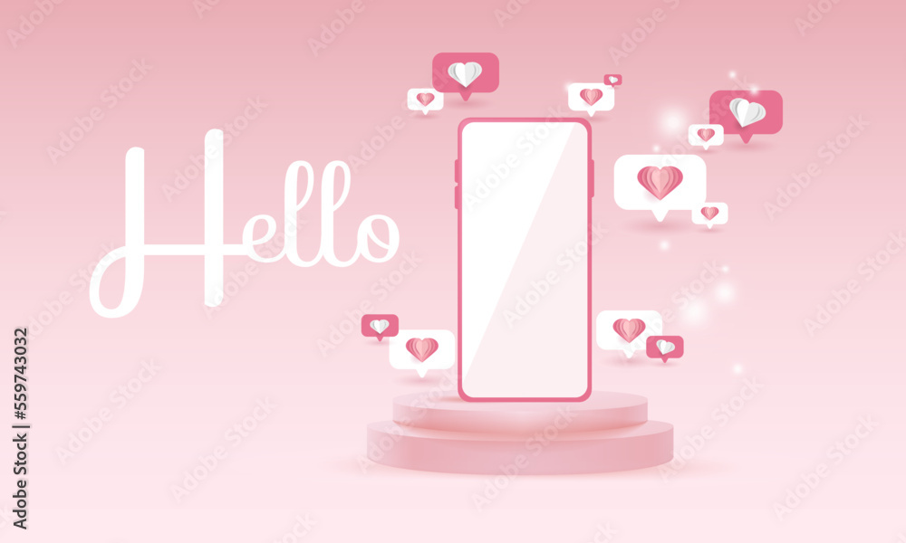 Podium with message icon and paper hearts and word hello. Paper art ...