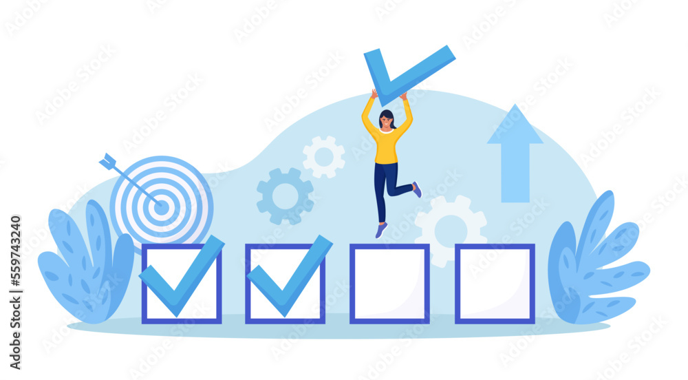 Happy employee woman celebrating completed task with check mark in hand ...